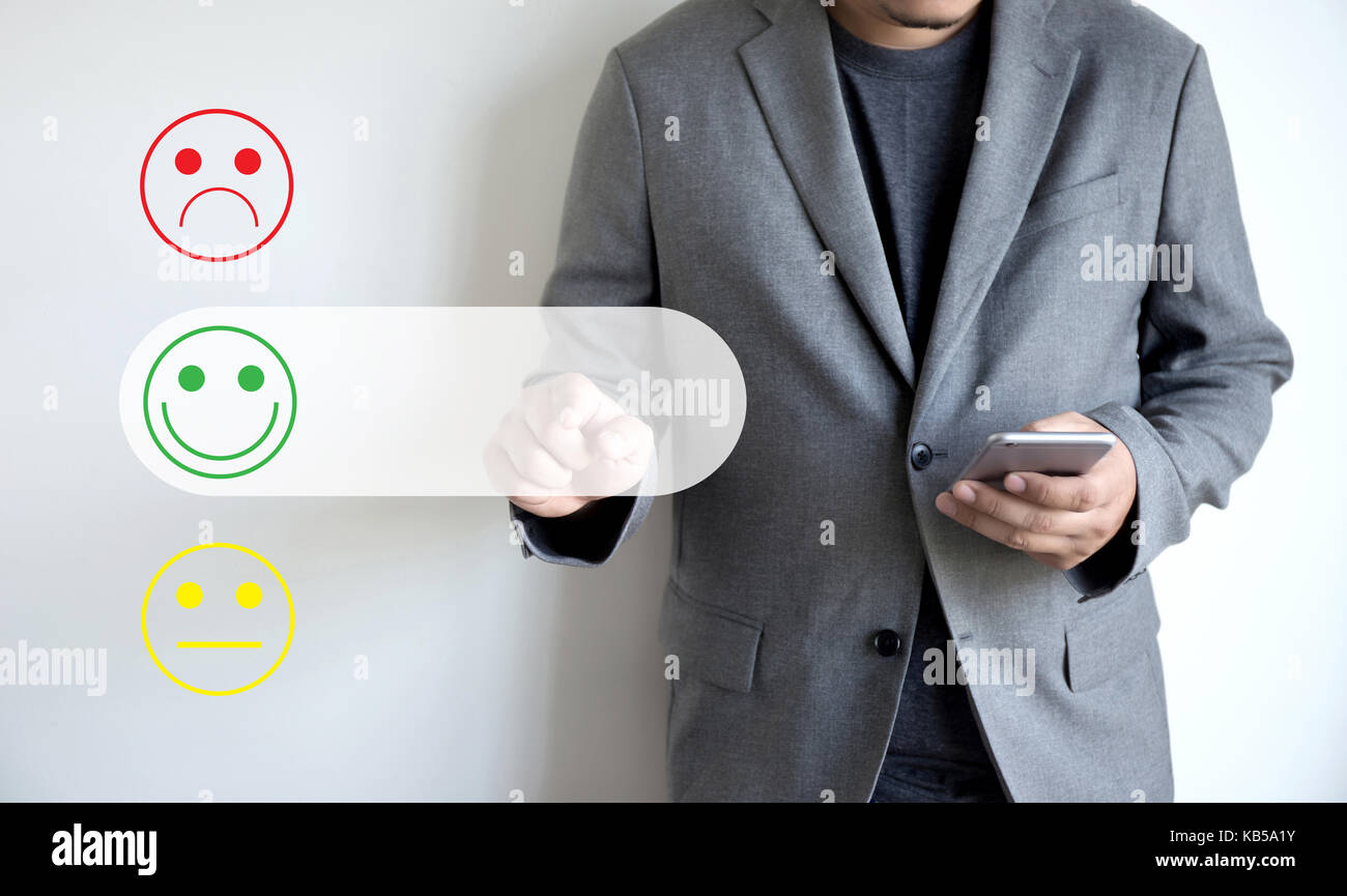 business man and woman select happy on satisfaction evaluation? And ...