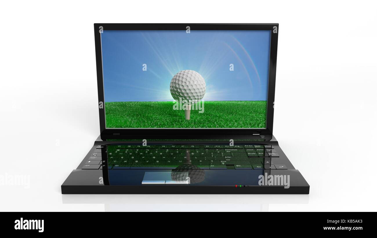Golf ball on green field with blue sky on screen of a laptop,isolated ...