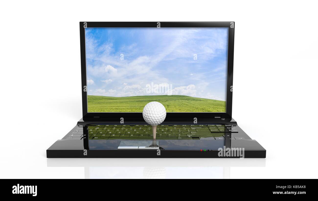 Golf ball on laptop keyboard, green field with blue sky on screen ...