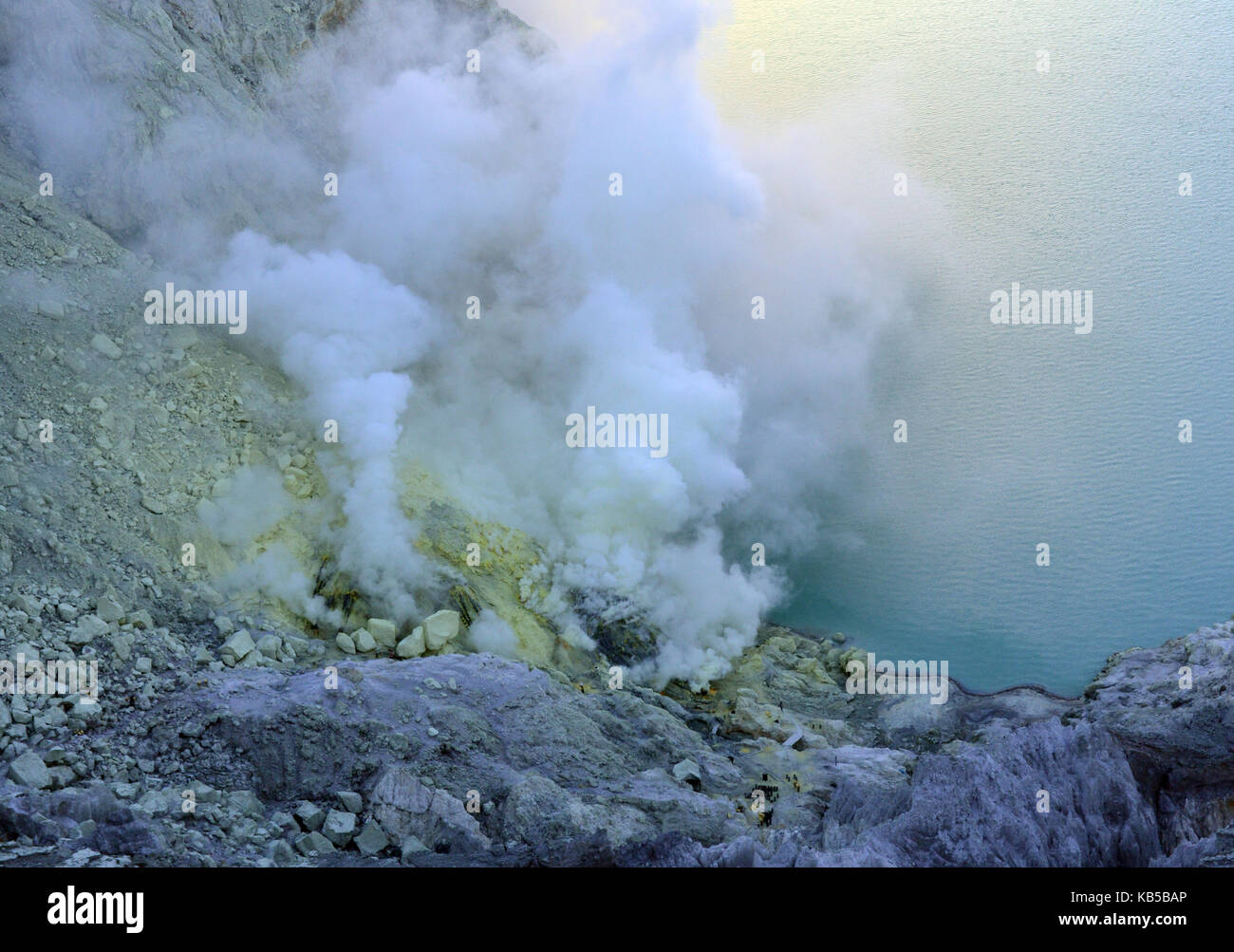 Sulfur miners carrying sulfur from the Ijen volcano crater Stock Photo ...