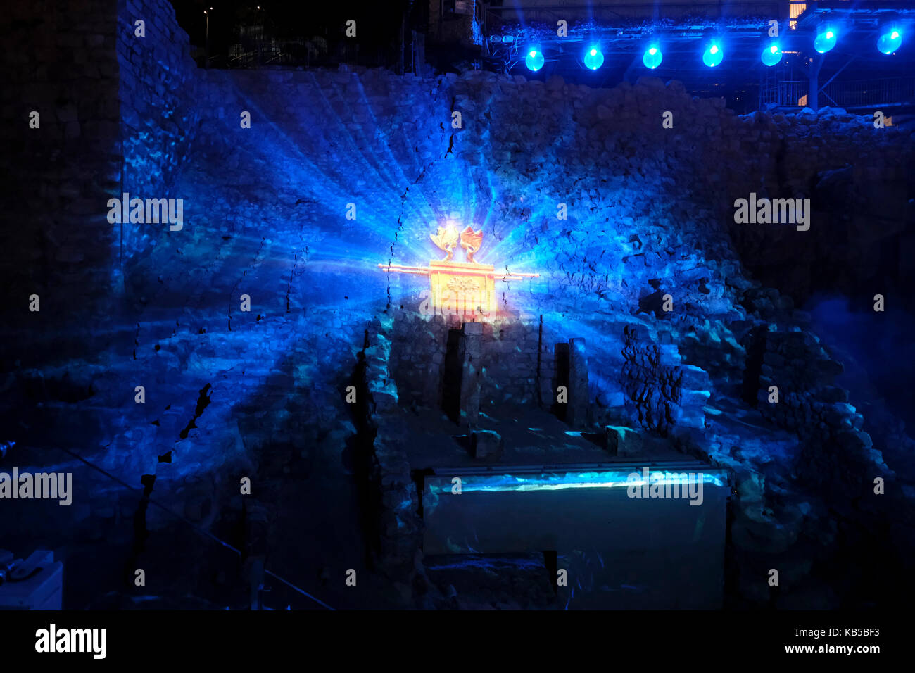 Illustrated image of the biblical Ark of the Covenant is projected ...
