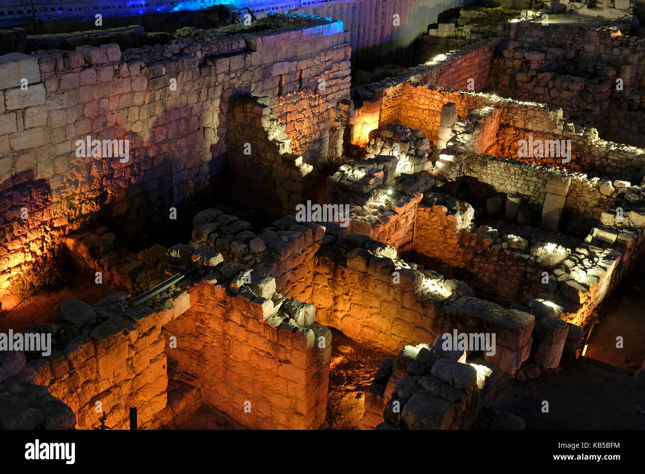 View at night of ruins of Ir David or City of David a major ...