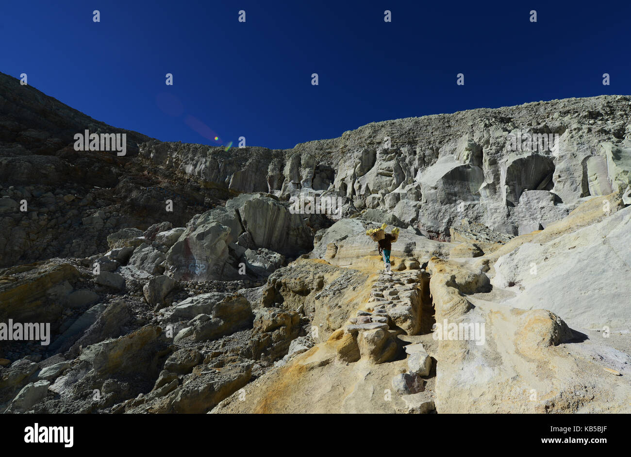 Sulfur miners carrying sulfur from the Ijen volcano crater Stock Photo ...