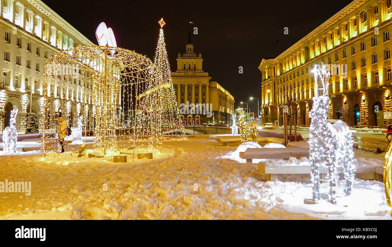 Beautiful night view in downtown Sofia Ministerial Council, the ...
