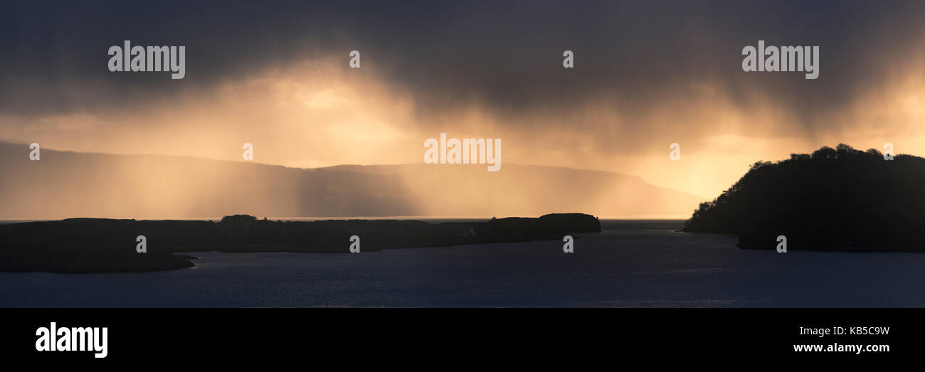 Panorama of Snow Squalls passing across of the Sound of Mull at sunset ...