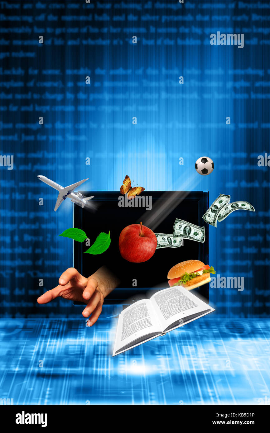 objects coming out of a computer monitor, shopping online, e-learning ...