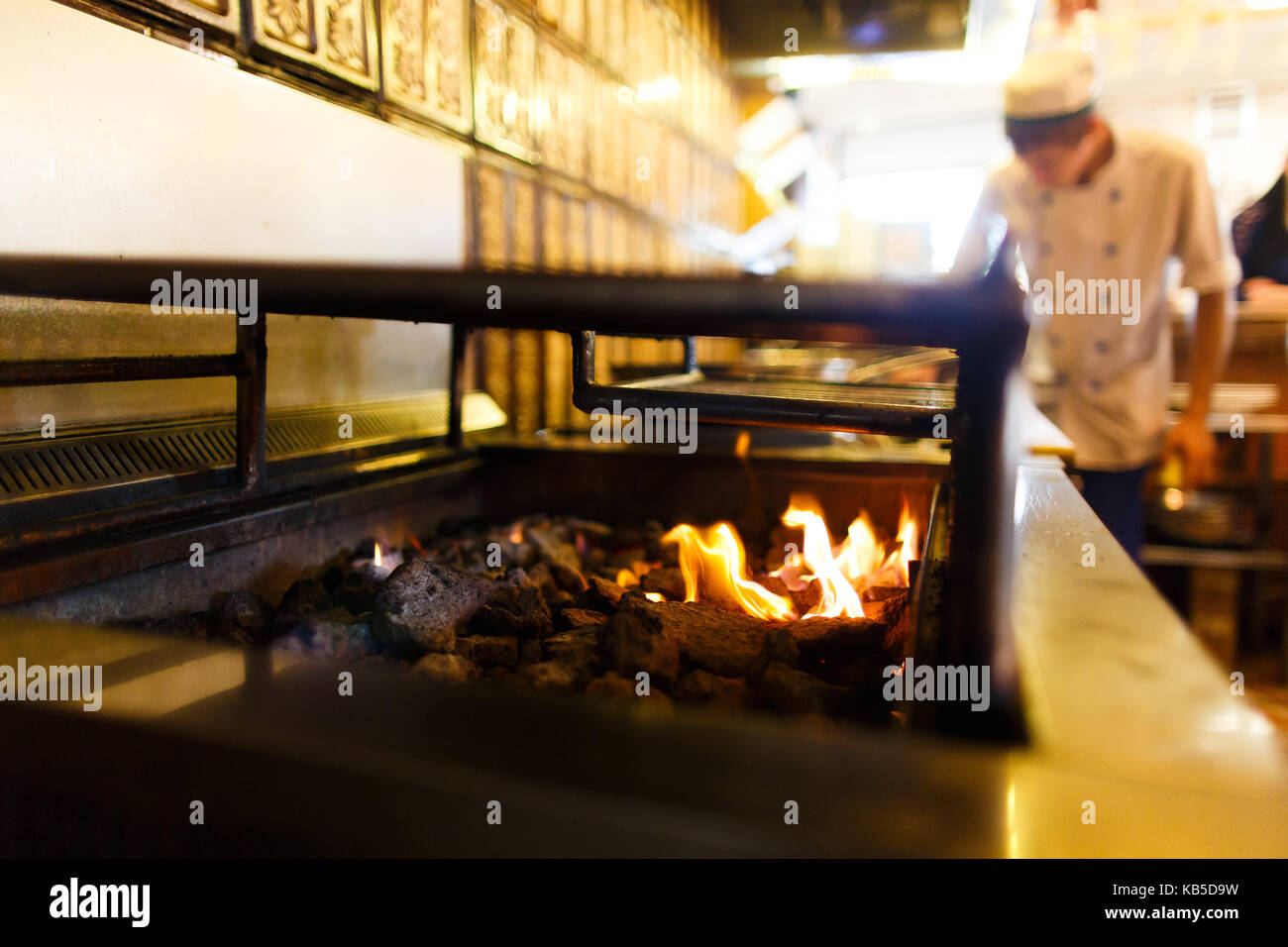 The side close-up photo of the brazier with burning wood at the blurred ...