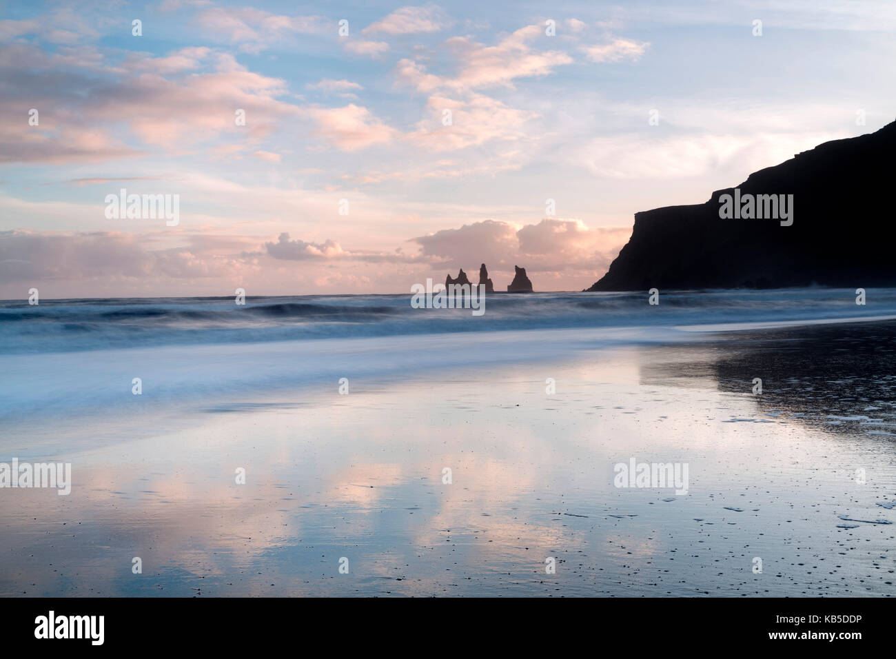 Rock stacks of Reynisfjara, captured from beach at Vik Y Myrdal at ...