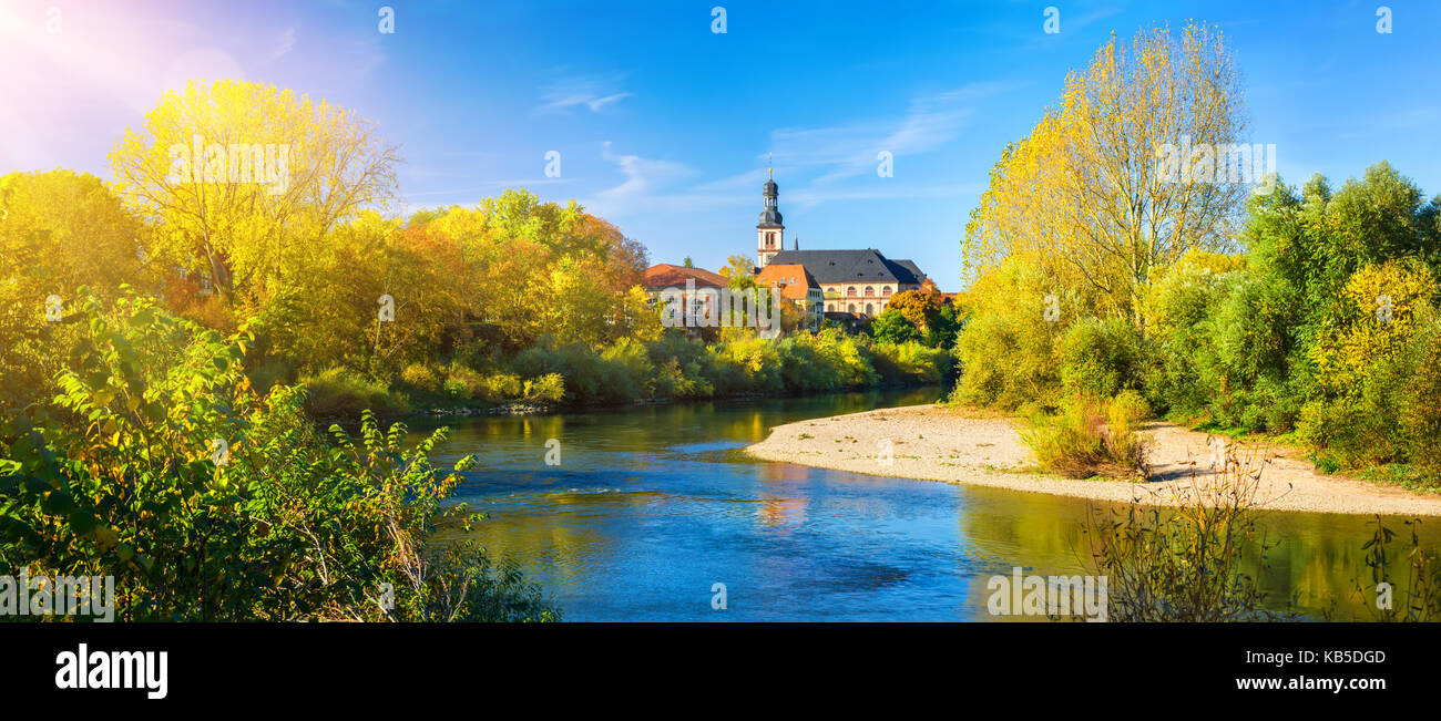 Panorama of an idyllic place at Neckar River, Germany, on a nice autumn ...