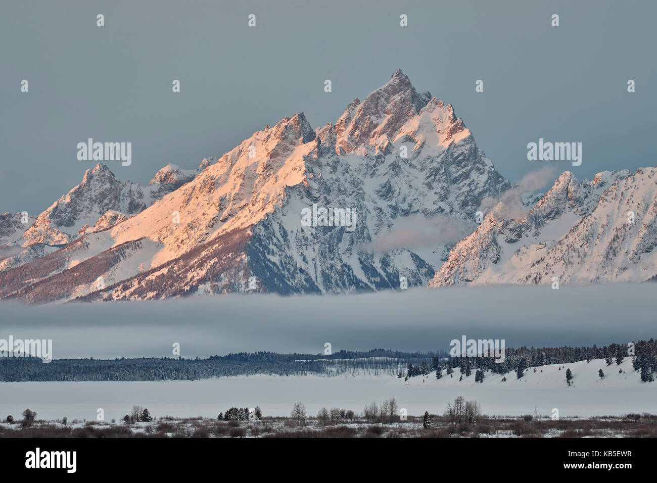 Mount Moran in the winter with snow, Grand Teton National Park, Wyoming ...
