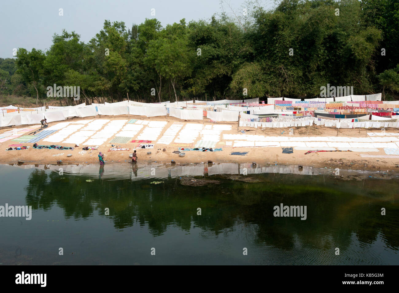 Dhobi wallahs, a man and a woman, hand washing clothes in the river ...