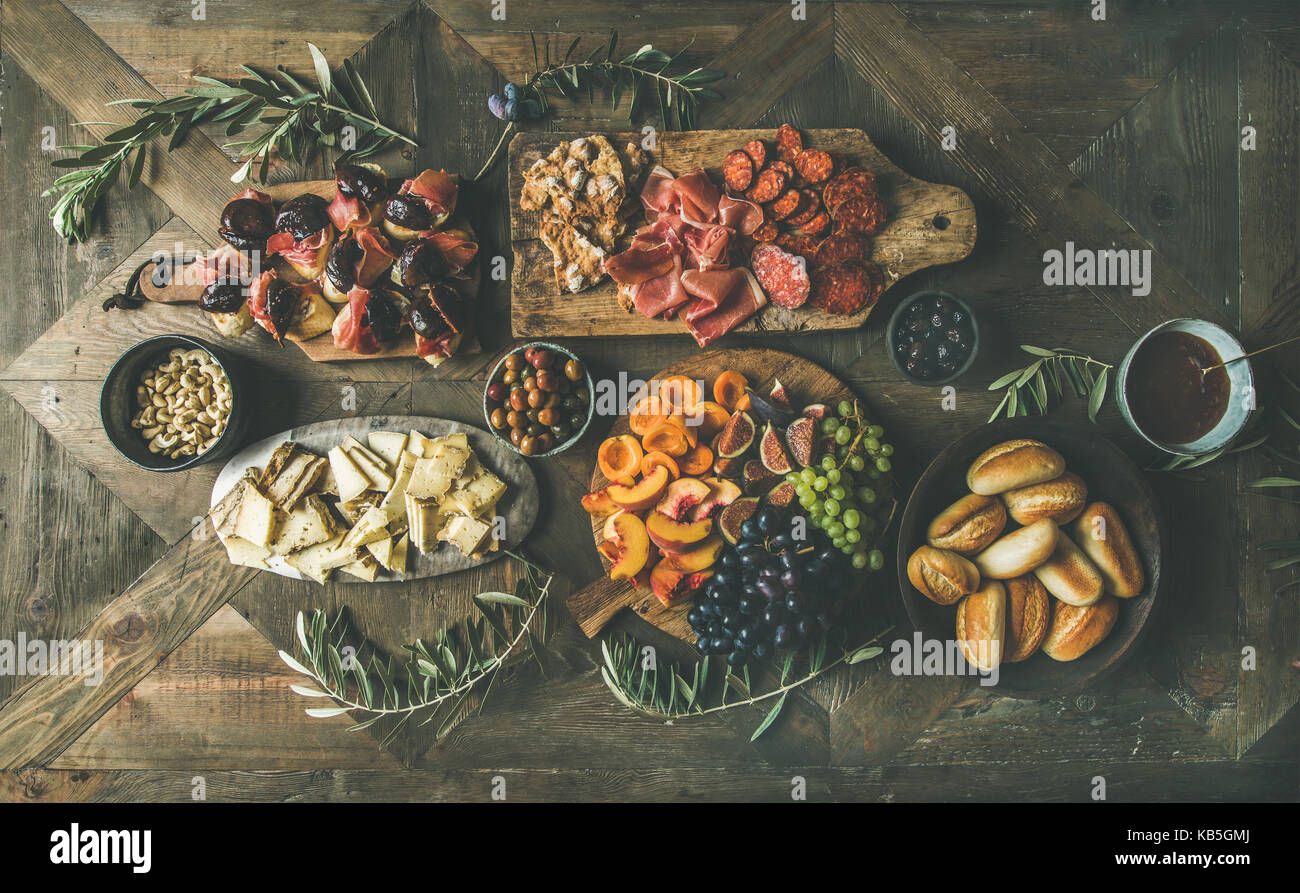 Flat-lay of holiday, party, family dinner table set with snacks Stock ...