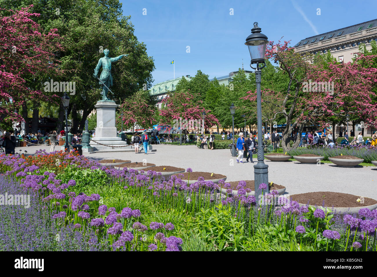 View of flowers and statue in Kungstradgarden, Stockholm, Sweden ...