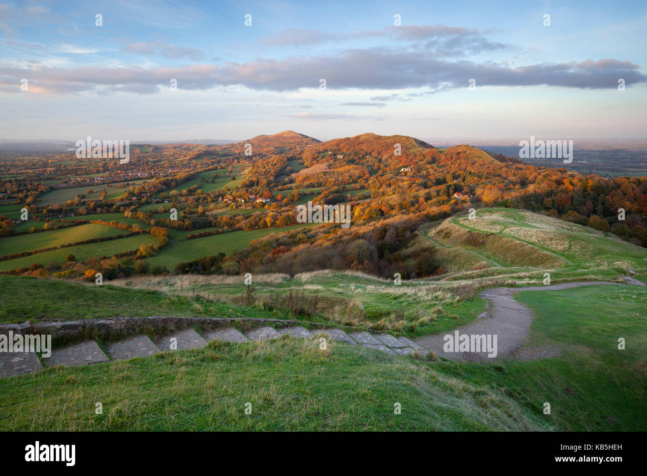 Iron-age British Camp hill fort and the Malvern Hills in autumn, Great ...
