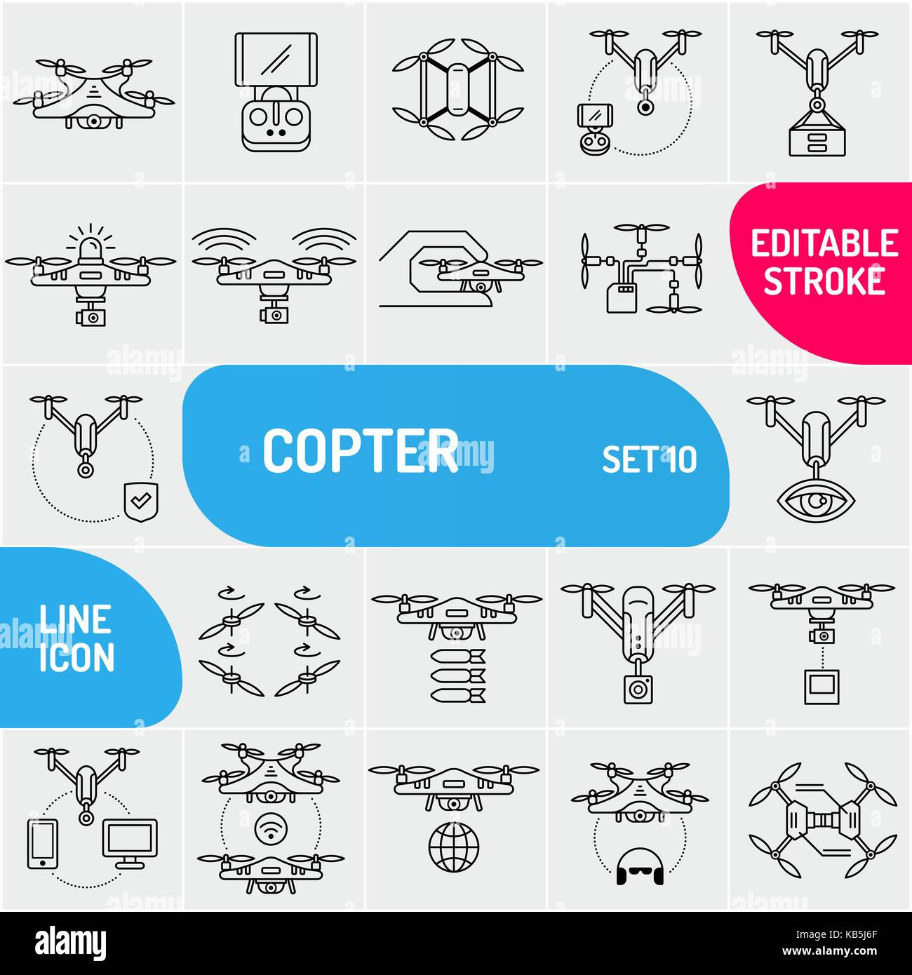 Flying copter line icons. Universal set of drone icons. Can use for web ...