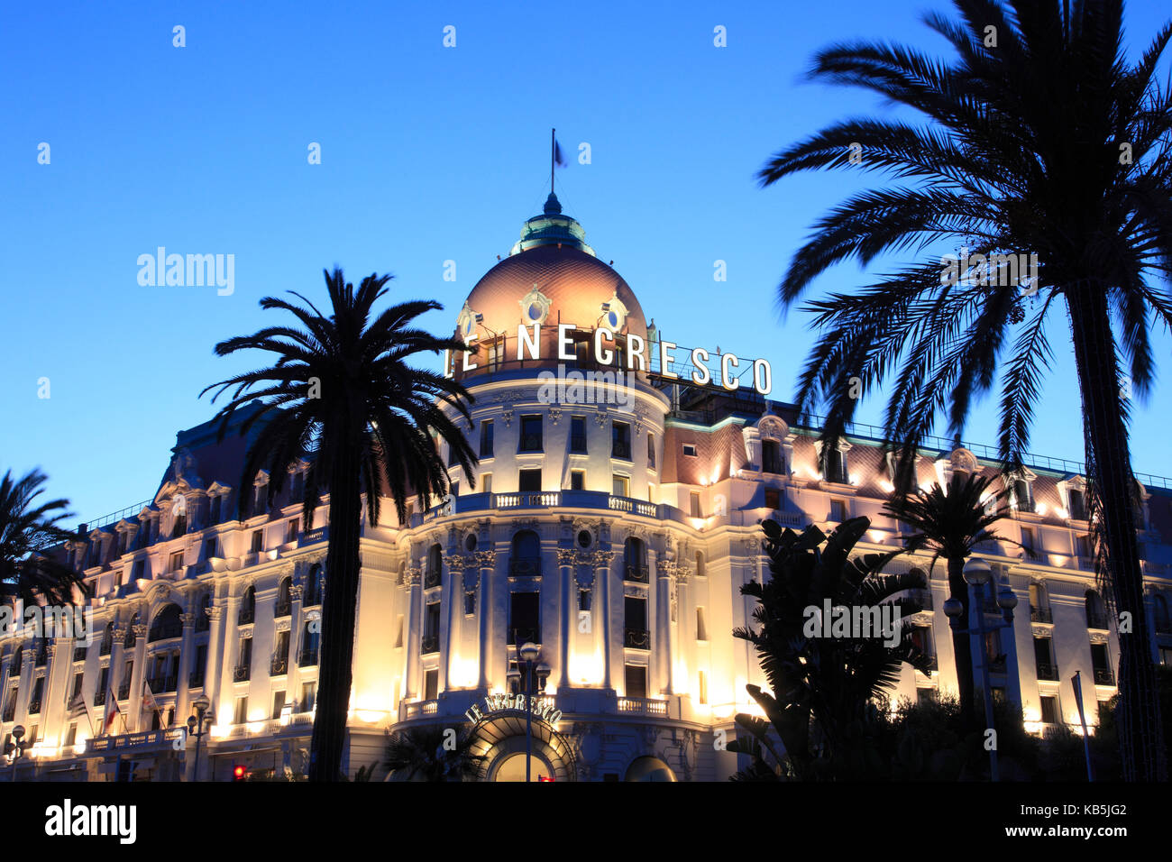Hotel Negresco at night, Promenade des Anglais, Nice, Cote d'Azur ...
