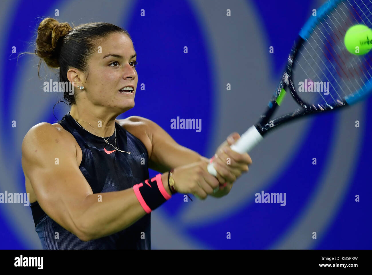Wuhan, China. 28th Sep, 2017. Maria Sakkari of Greece returns the ball ...
