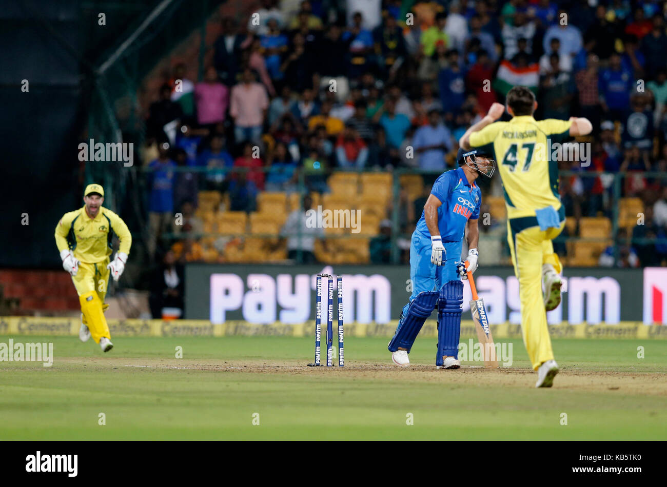 Bengaluru, India, 28/9.2017: MS Dhoni wicket keeper of India being bold ...