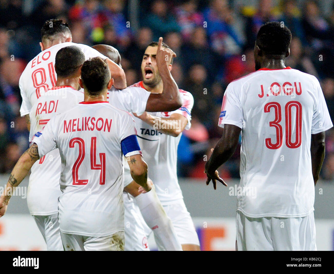 Players of Beer-Sheva celebrate their goal during the 2nd round group G ...