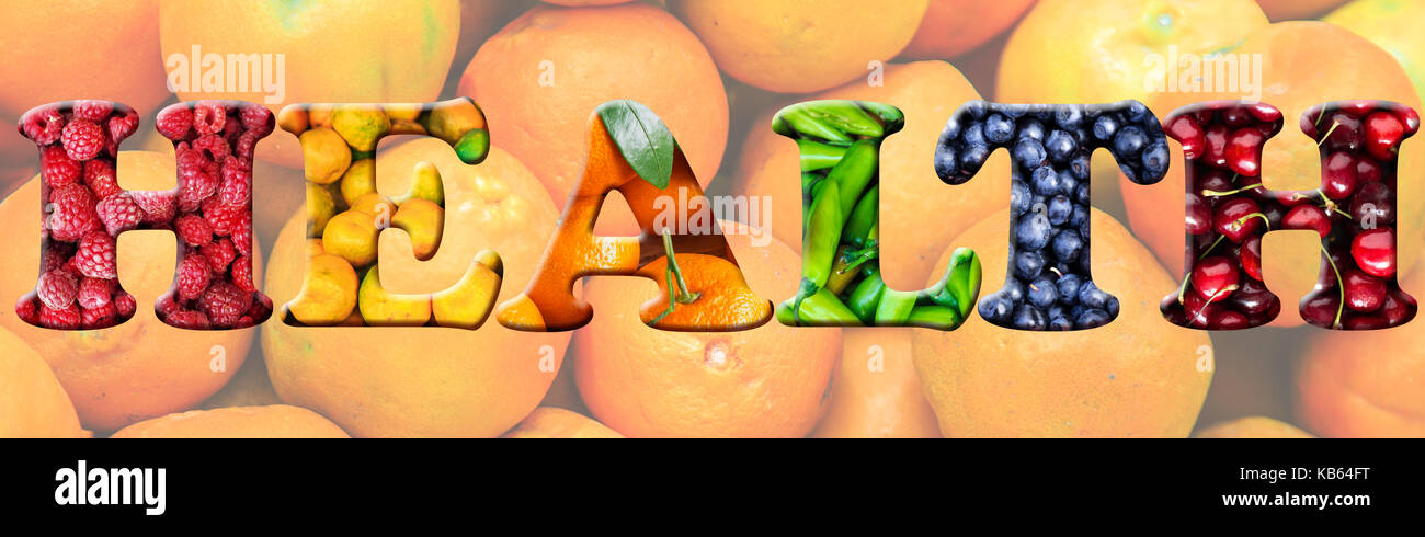 The word "health" of different vegetables and fruits. The concept of ...