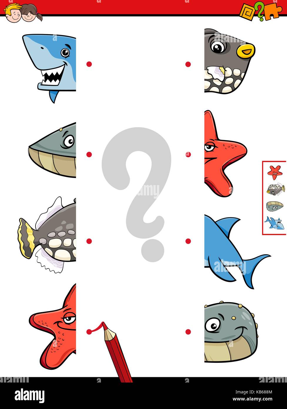 Cartoon Illustration of Educational Game of Matching Halves of Sea Life ...