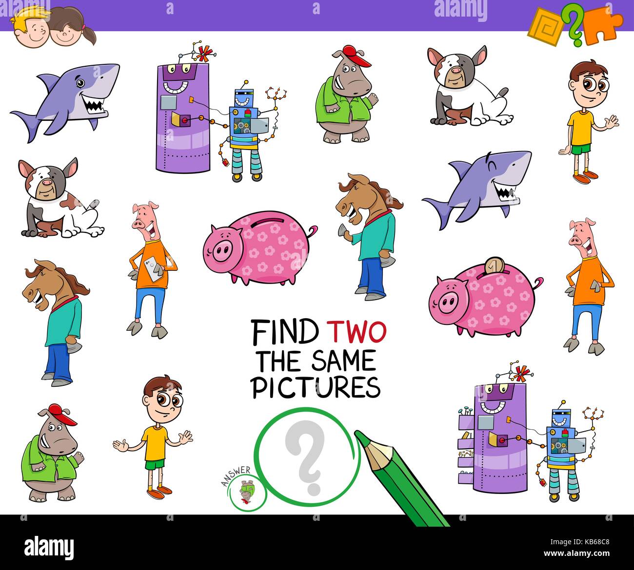 Cartoon Illustration of Finding Two Identical Pictures Educational ...