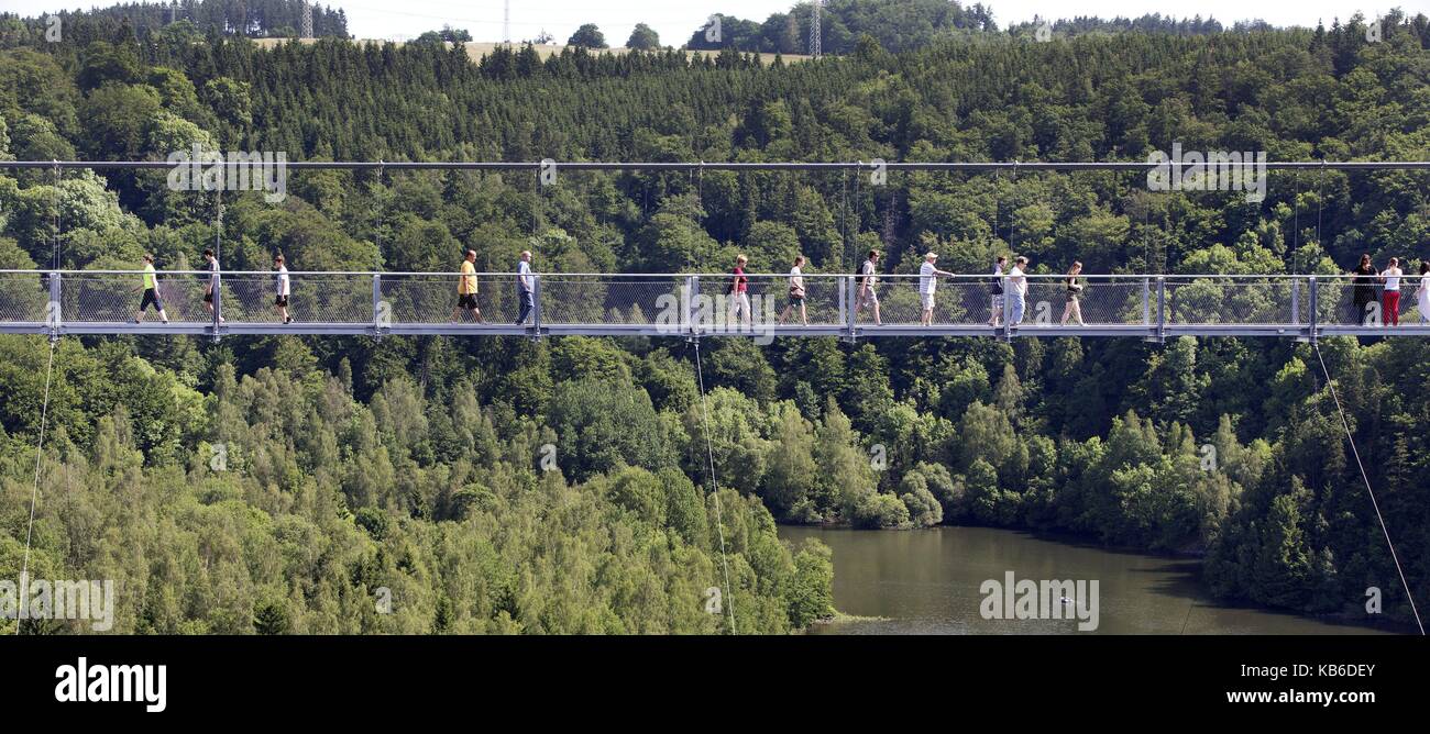 People crossing the rope bridge at Rappbodetalsperre, 11 June 2017 ...
