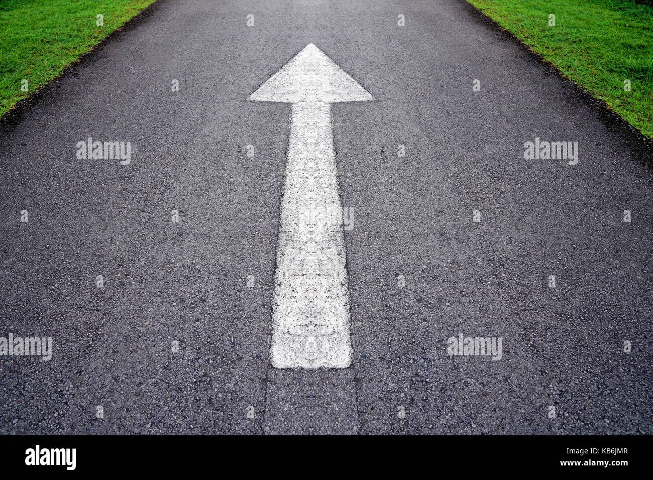 White forward arrow sign on grey asphalt road through the green grass ...