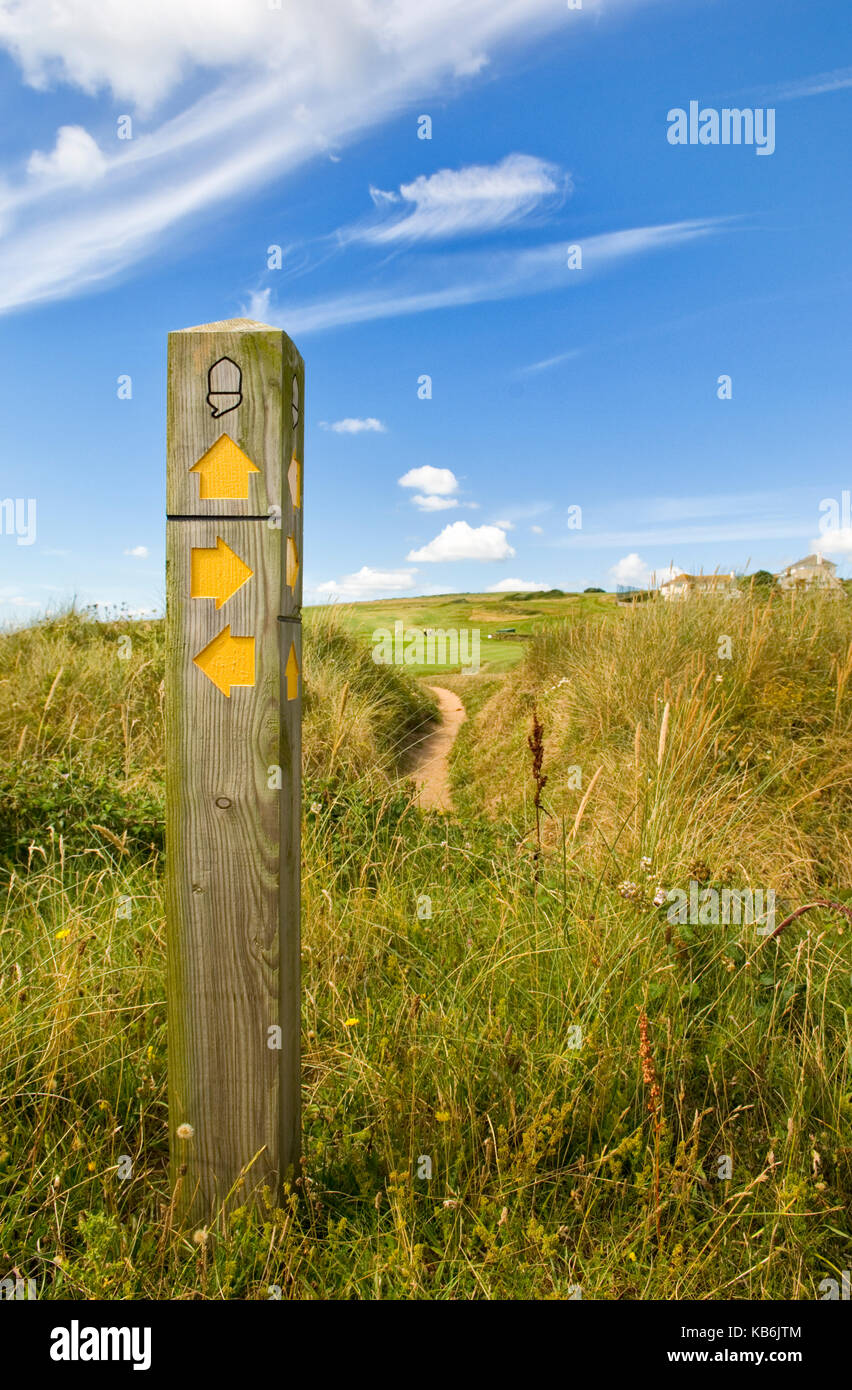 Wooden waymarker with yellow arrows and acorn logo on the South West ...