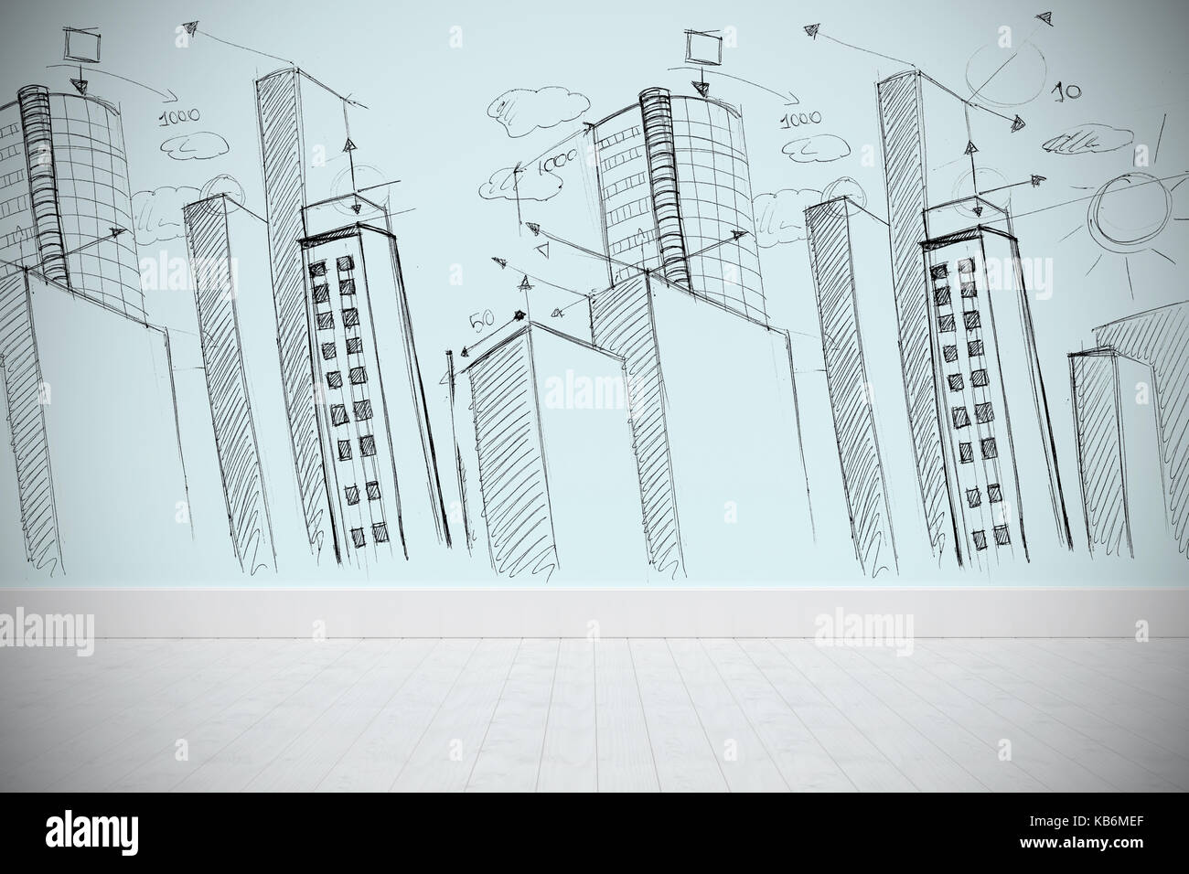 City plan against blue wall by hardwood floor Stock Photo - Alamy