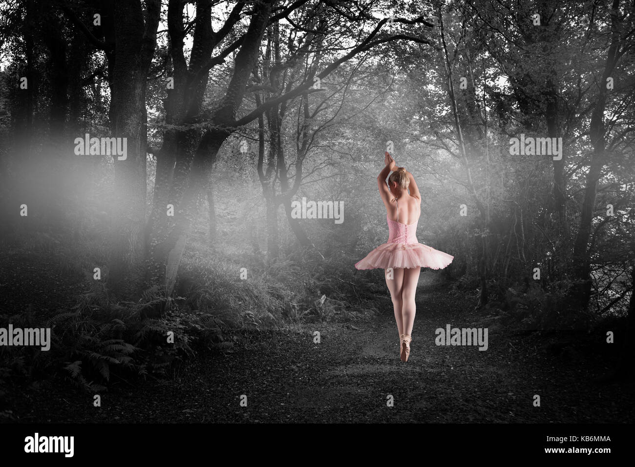 Ballerina standing en pointe against way between trees Stock Photo - Alamy