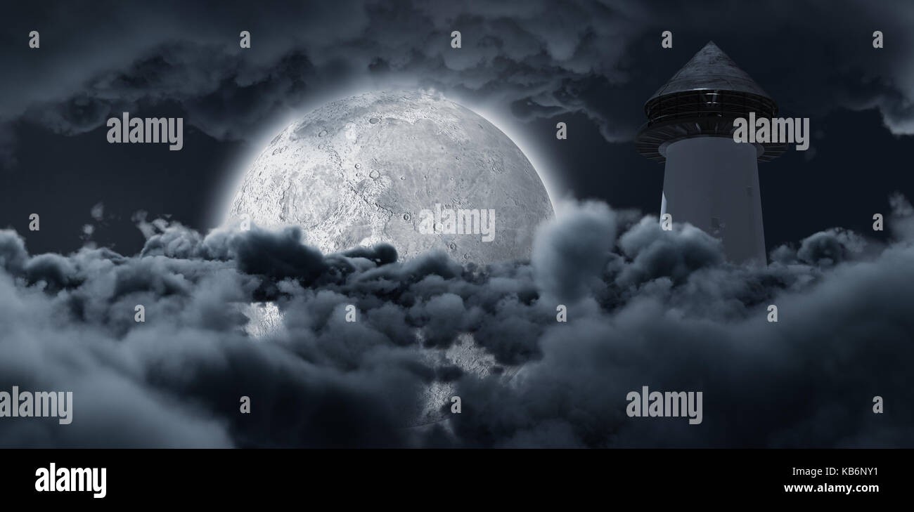 Half Moon shining between clouds and structure Stock Photo - Alamy