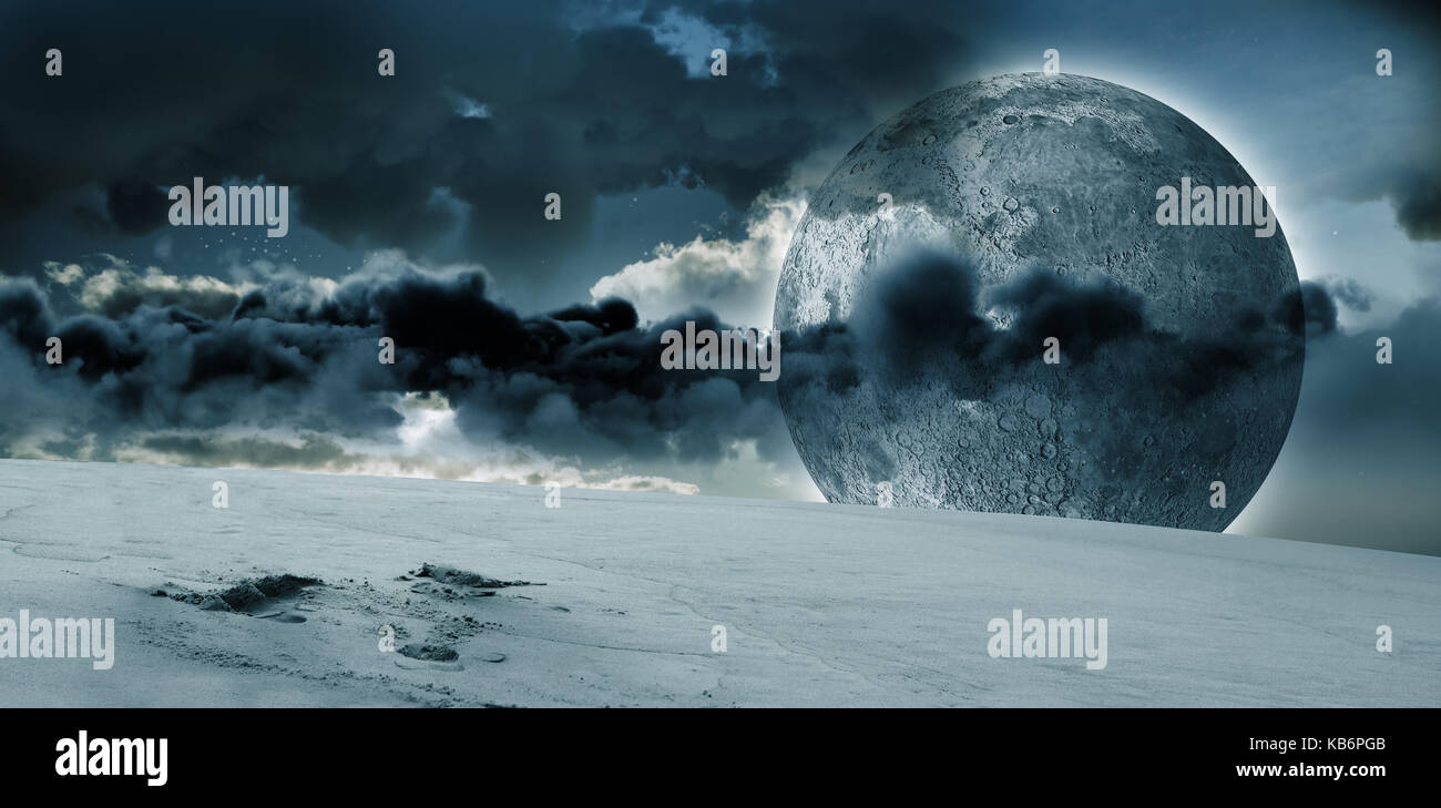 View of landscape and moon at night Stock Photo - Alamy