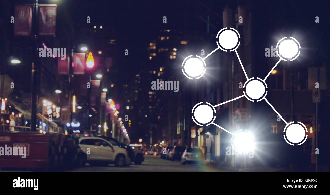 Digital composite of Circular Icons interface of over city background ...