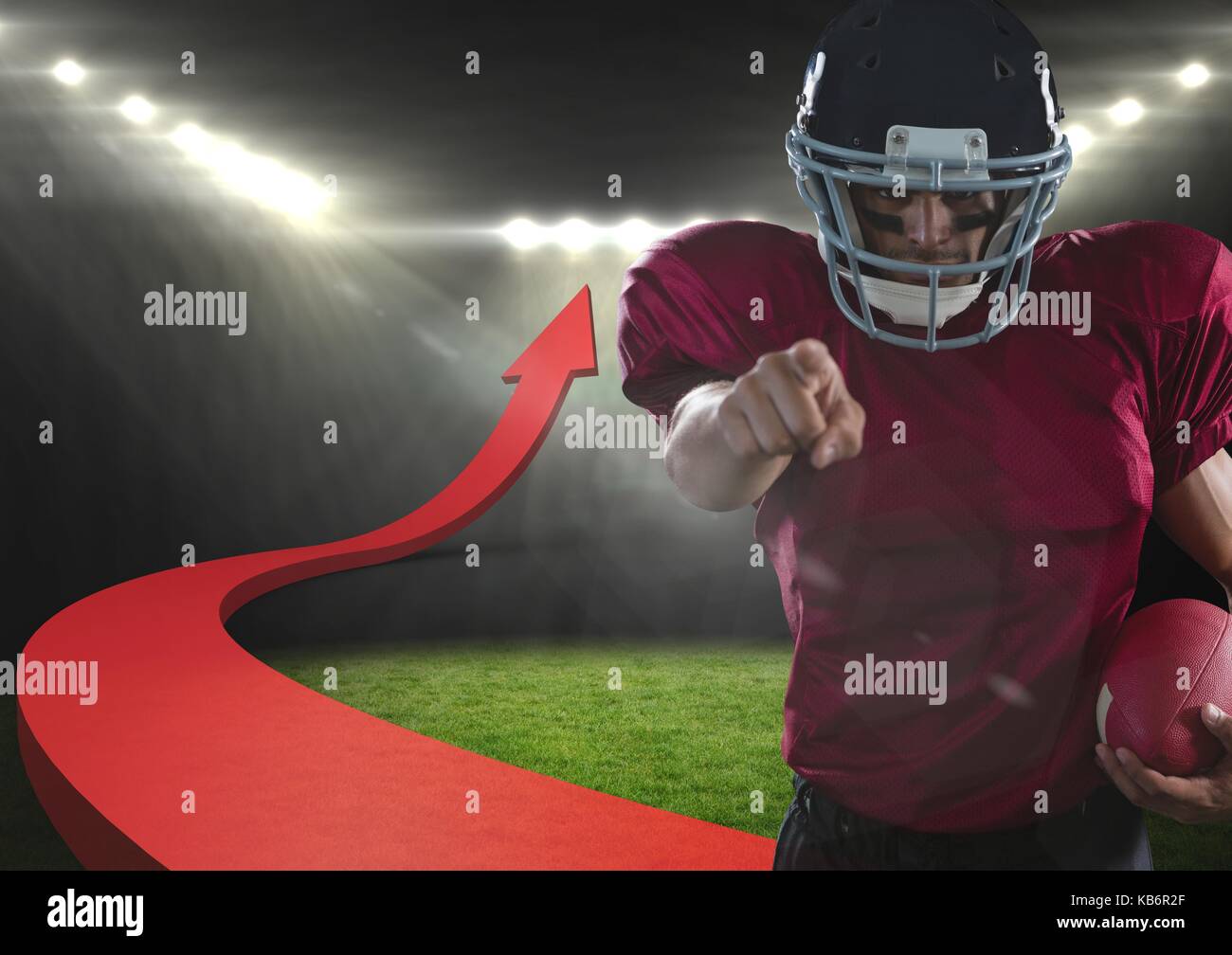 Digital composite of american football player on arrow pointing Stock ...