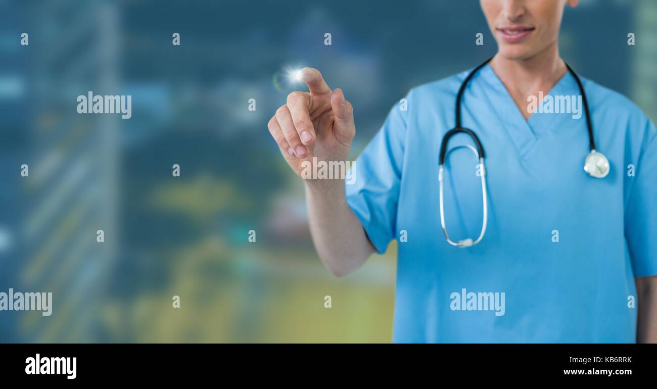 Digital composite of Doctor's hand touching the air with glow Stock ...