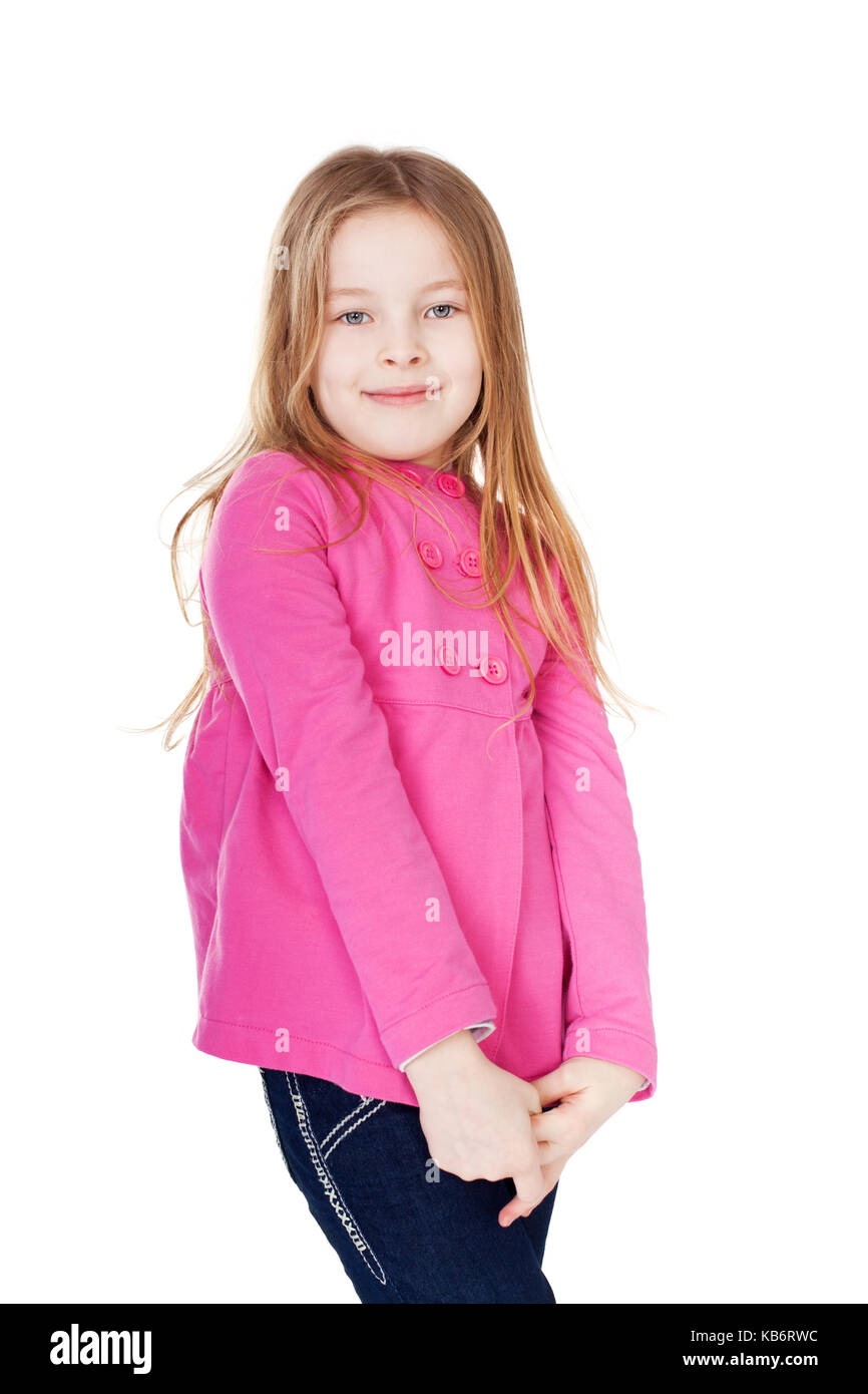 Portrait of little cute shy girl isolated on white background Stock ... Portrait of little cute shy girl isolated on white background Stock ...