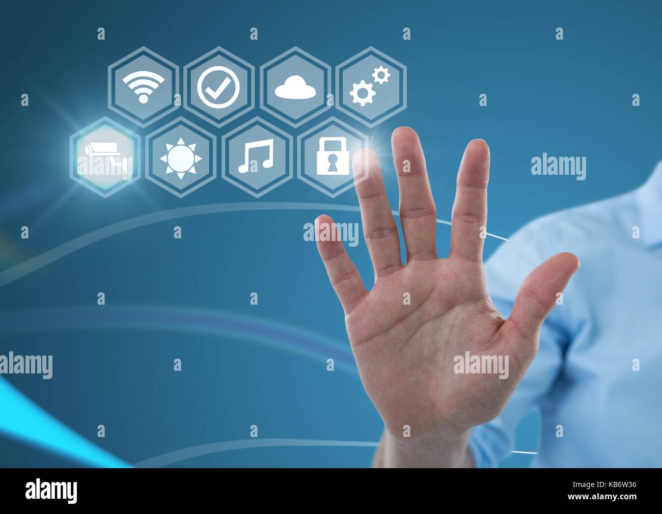 Digital composite of Hand touching icons interface of internet of ...