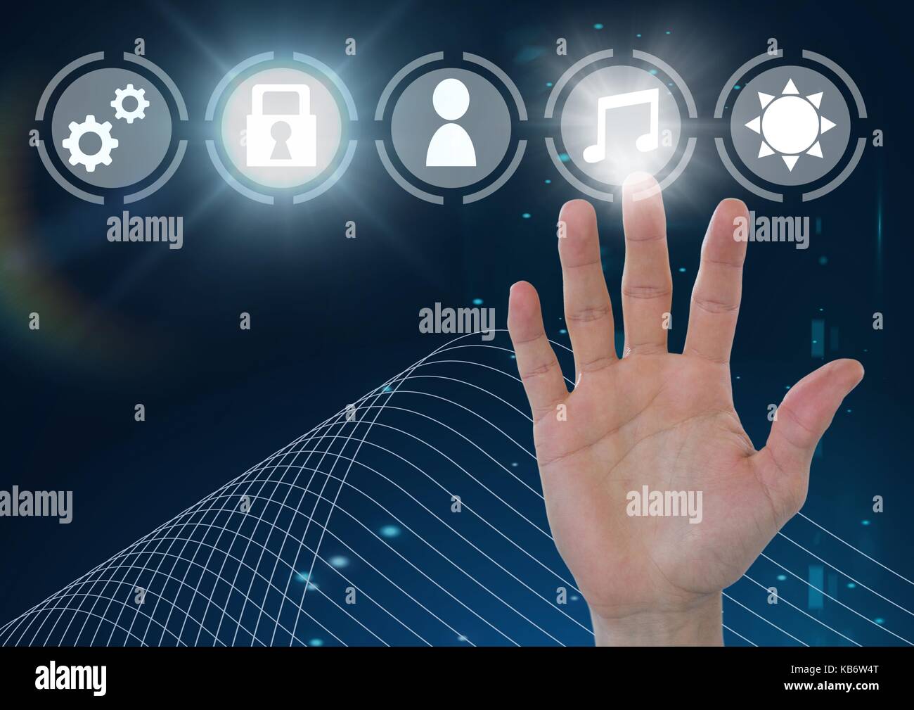 Digital composite of Hand touching icons interface of internet of ...