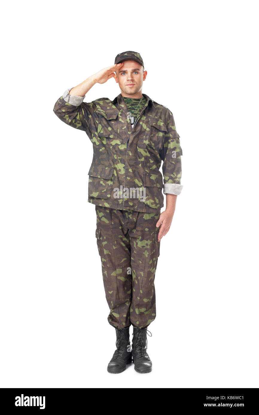Full length portrait of young army soldier saluting isolated on white ...