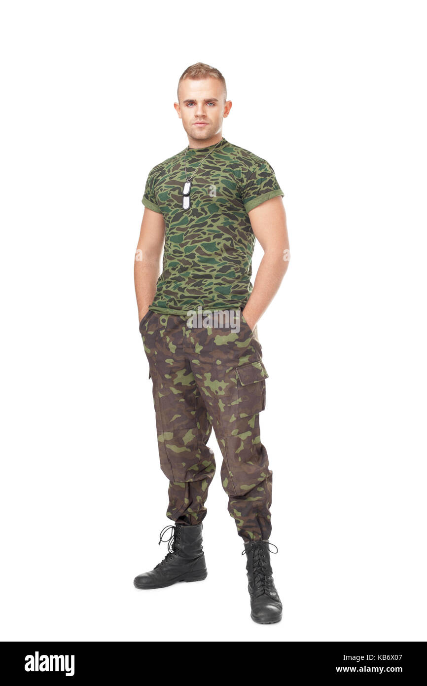Full length portrait of serious army soldier isolated on white ...
