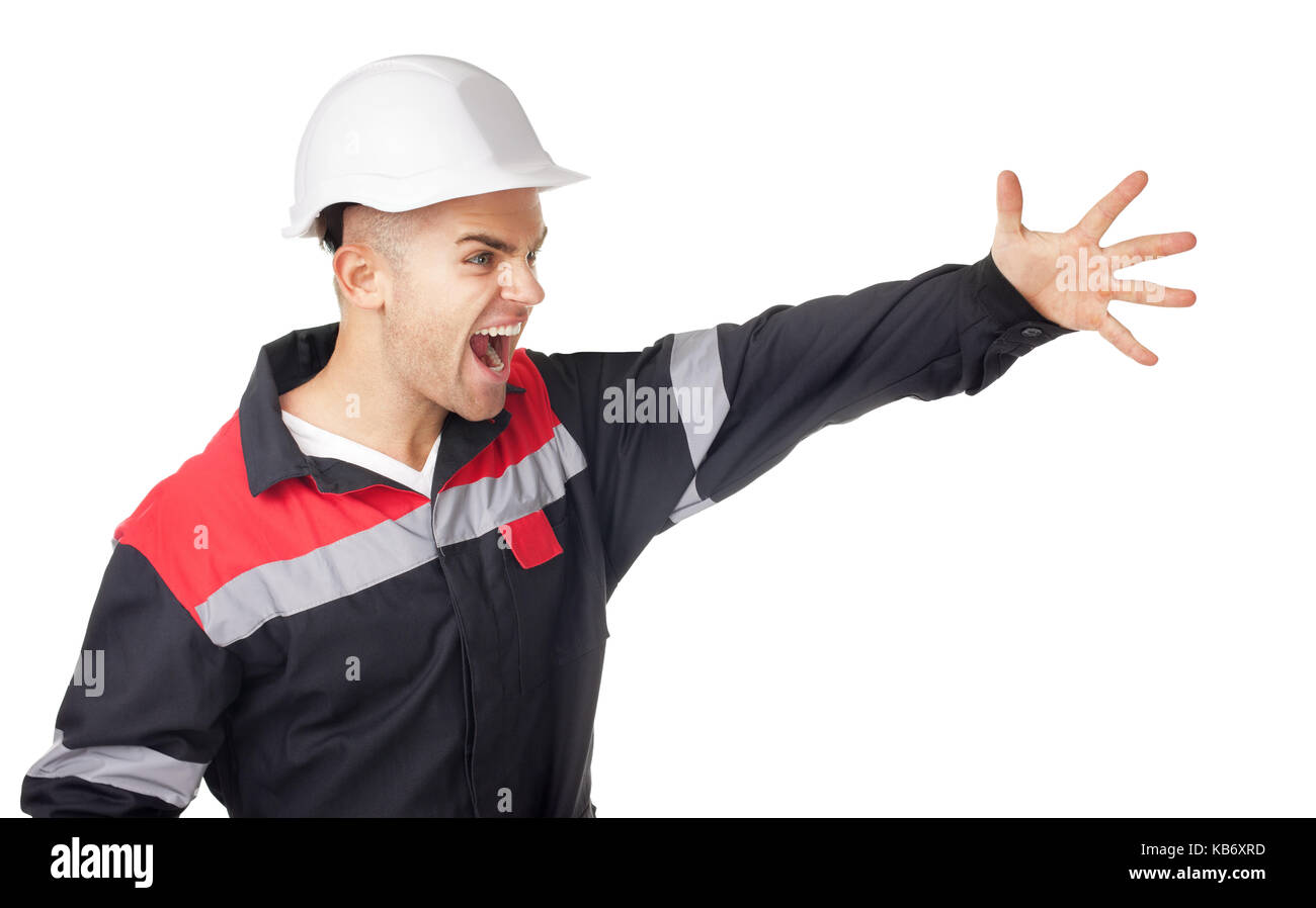 Portrait of young engineer shouts having raised a hand isolated on ...