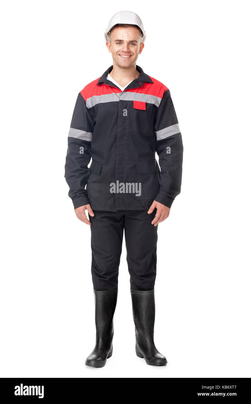 Full length portrait of young smiling worker isolated on white ...