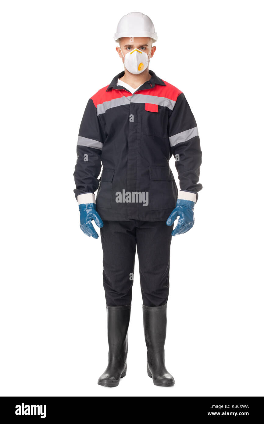 Full length portrait of young worker wearing safety protective gear ...