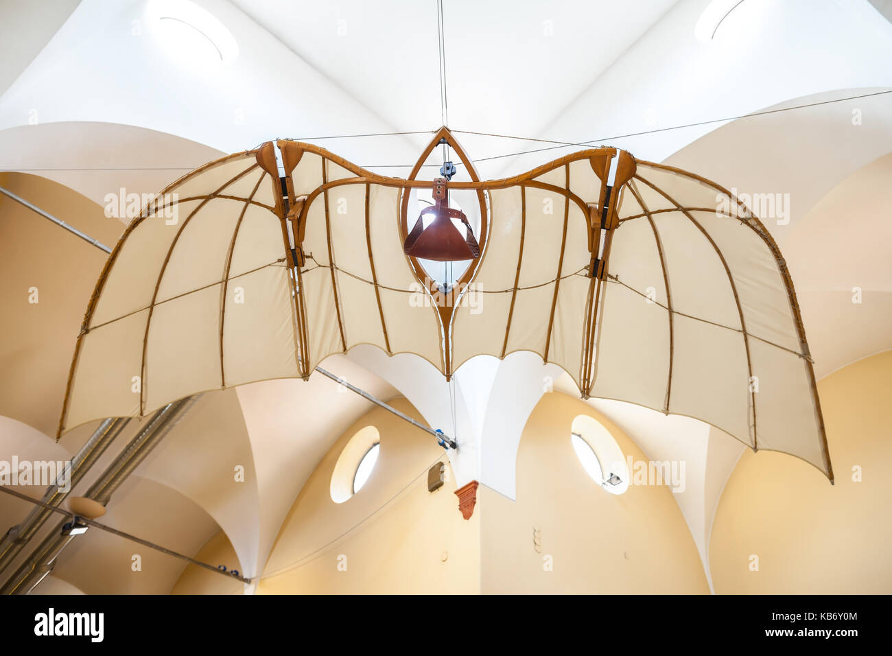 MILAN, ITALY - JUNE 9, 2016: flying machine models of Leonardo da Vinci ...