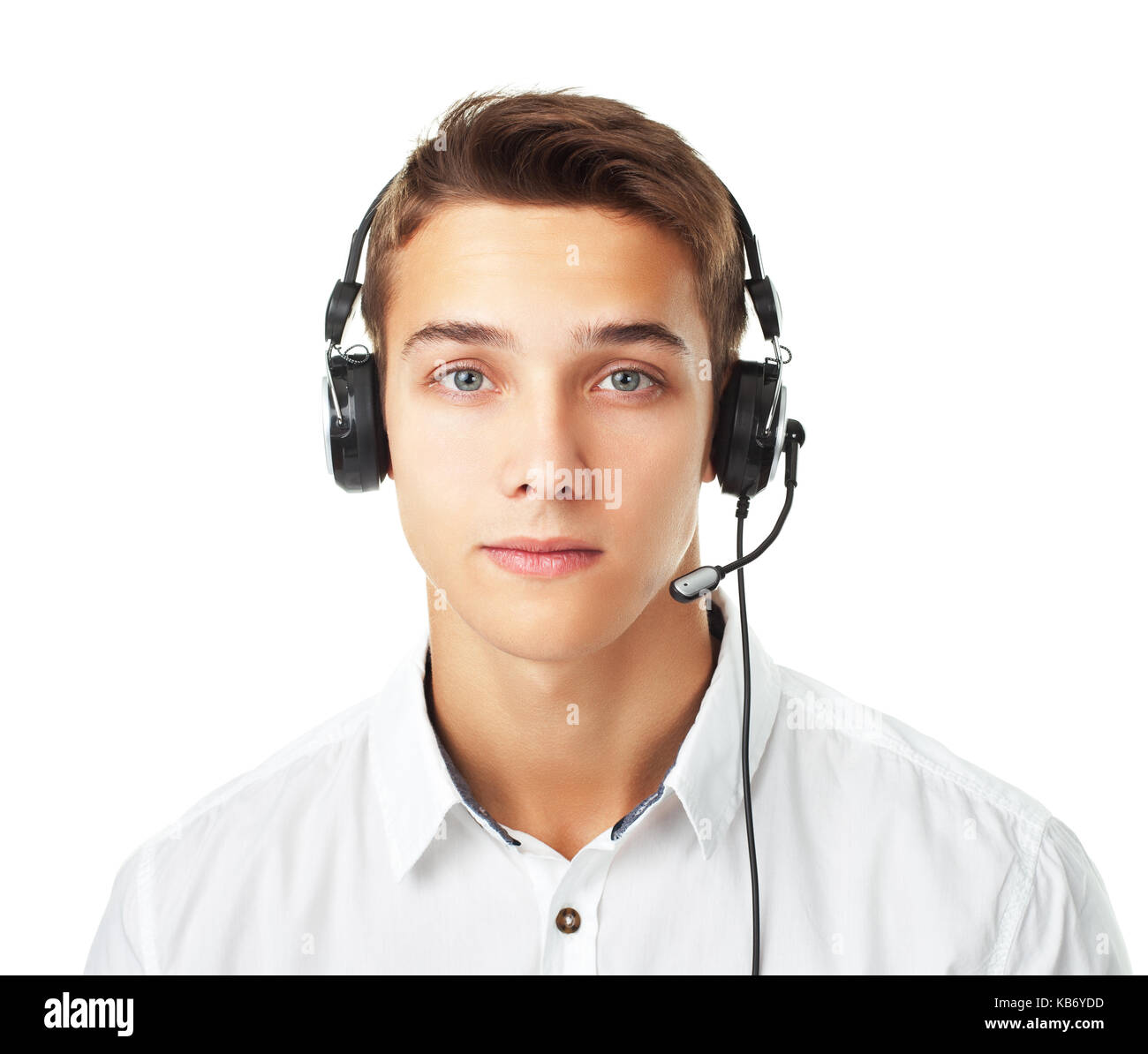 Closeup portrait of young man call center employee with a headset ...