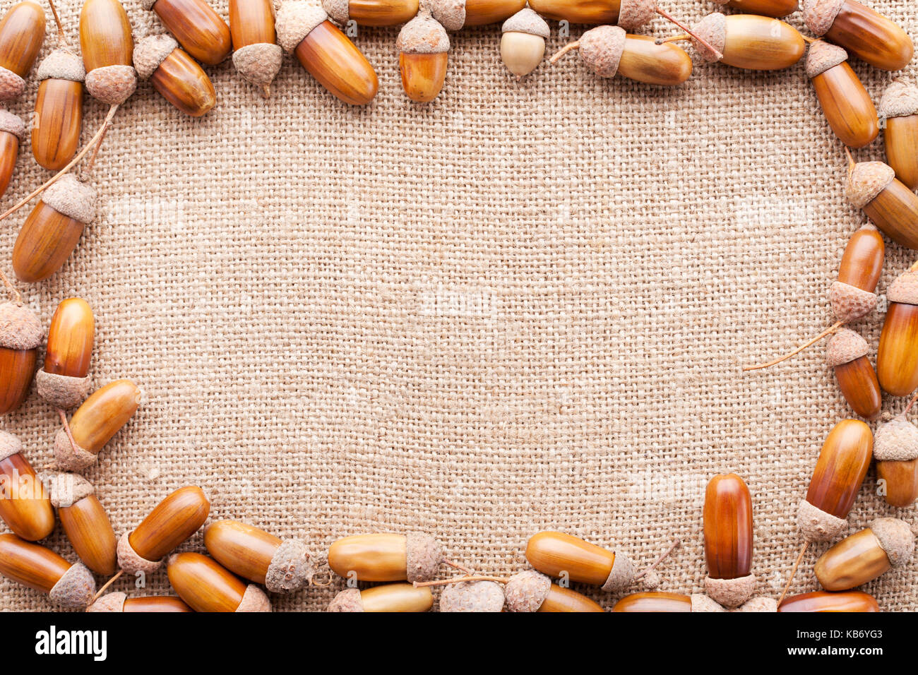 Acorns frame on fabric texture background Stock Photo - Alamy