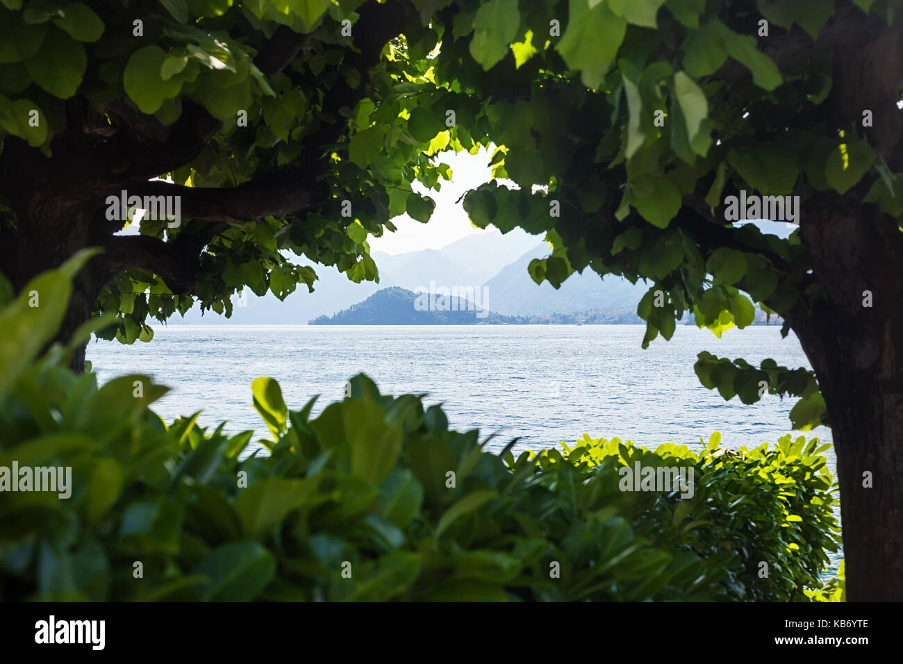 Beautiful view on Como lake framed by trees. Vacation background Stock ...