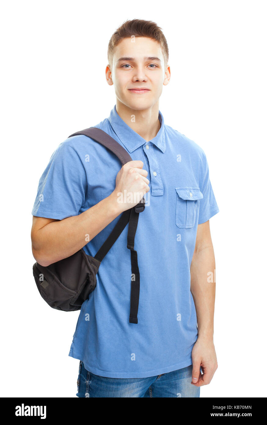 Portrait of happy smiling student with backpack isolated on white ...