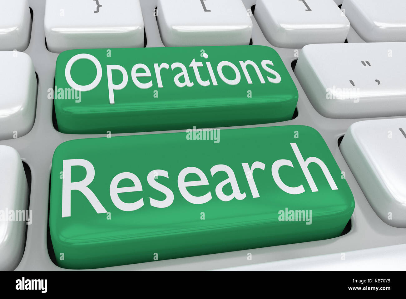 3D illustration of computer keyboard with the script "Operations Research" on two adjacent green ...